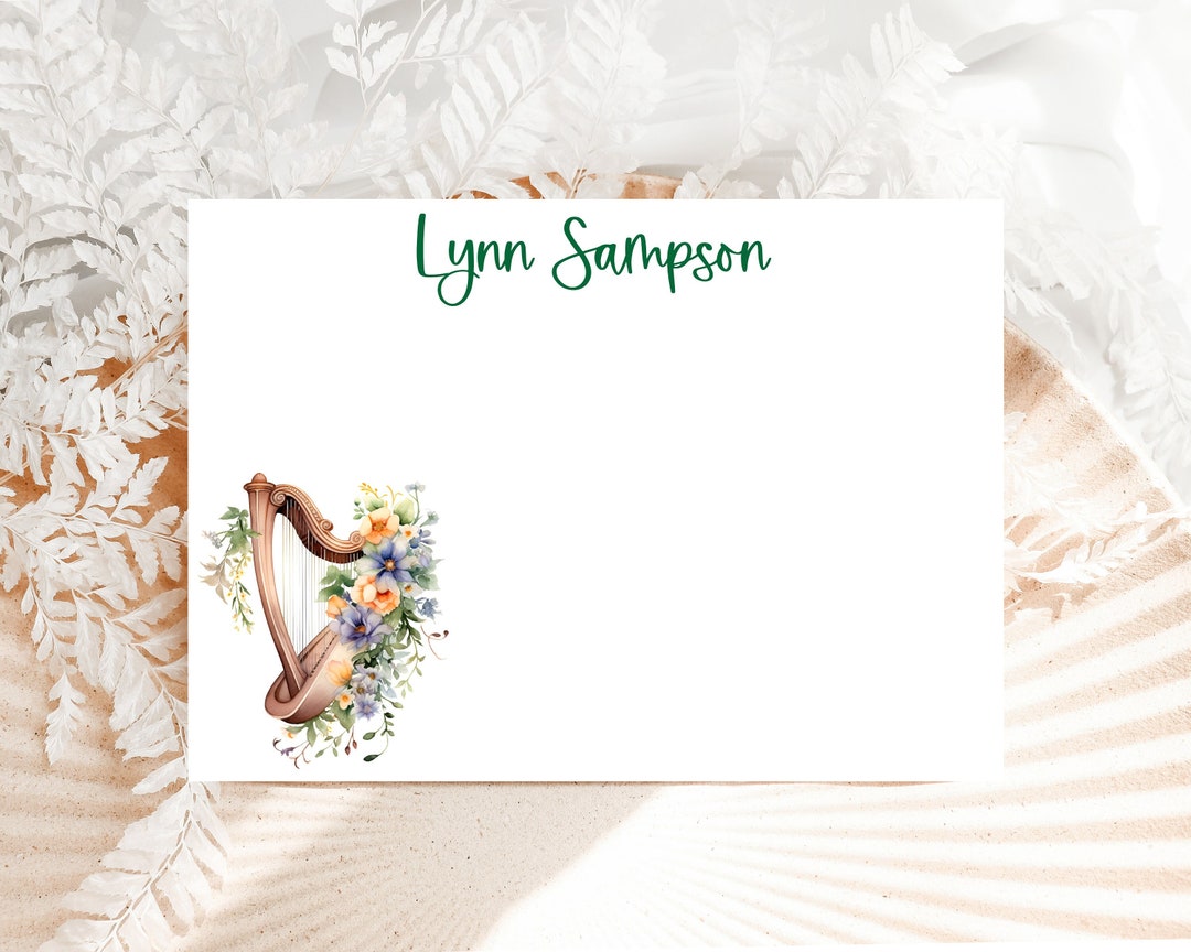 Personalized Harp Note Cards Custom Boho Floral Harp Note Cards FLAT ...