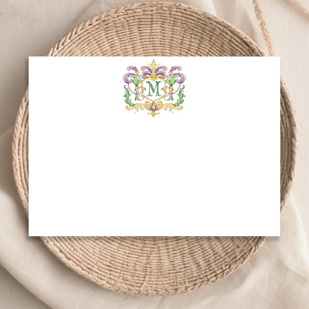 Mardi Gras Monogram Stationery, Watercolor New Orleans Mardi Gras Thank ...