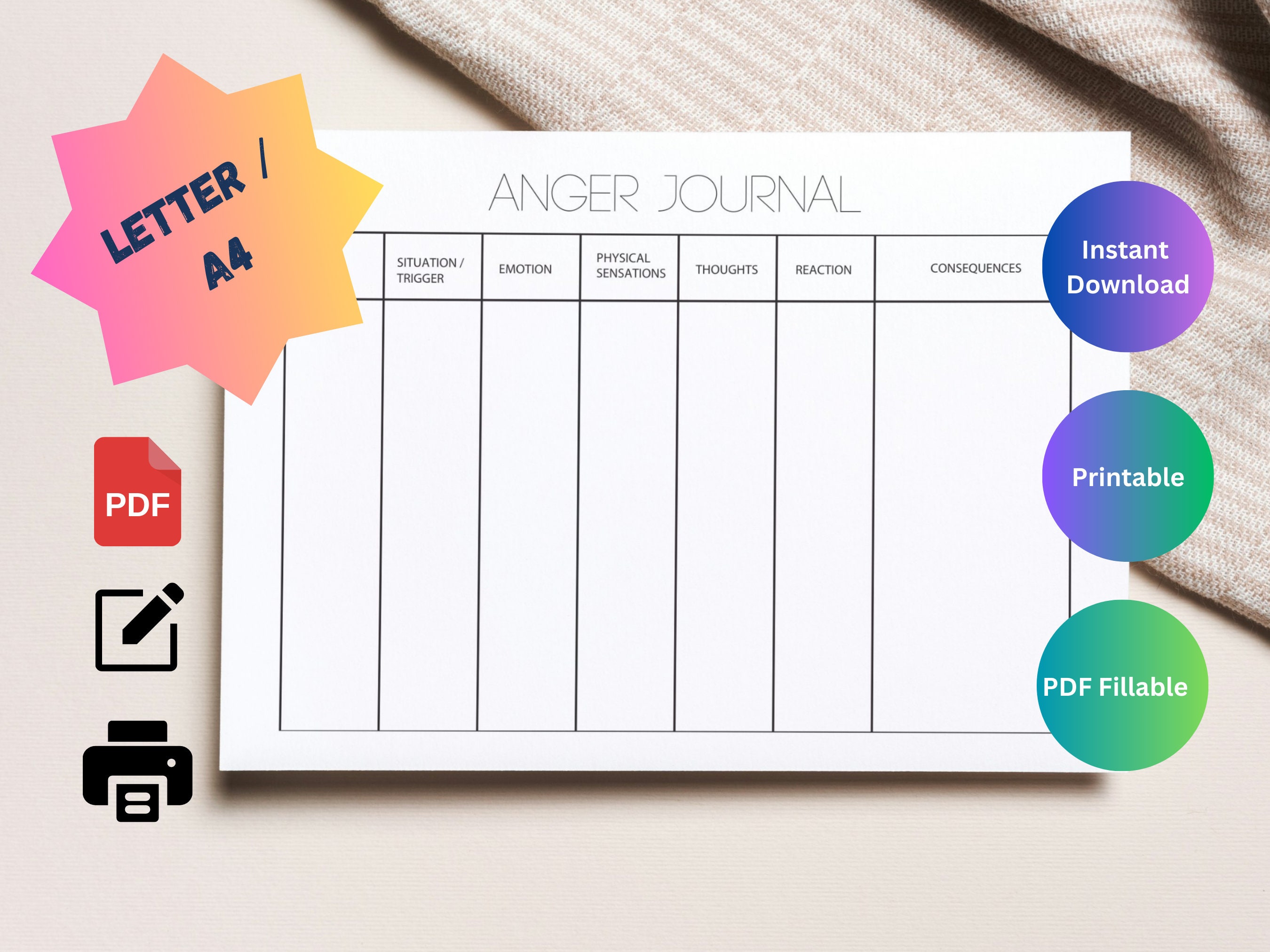 Anger Journal Template, PDF Fillable, Anger Management, Anger Trigger ...