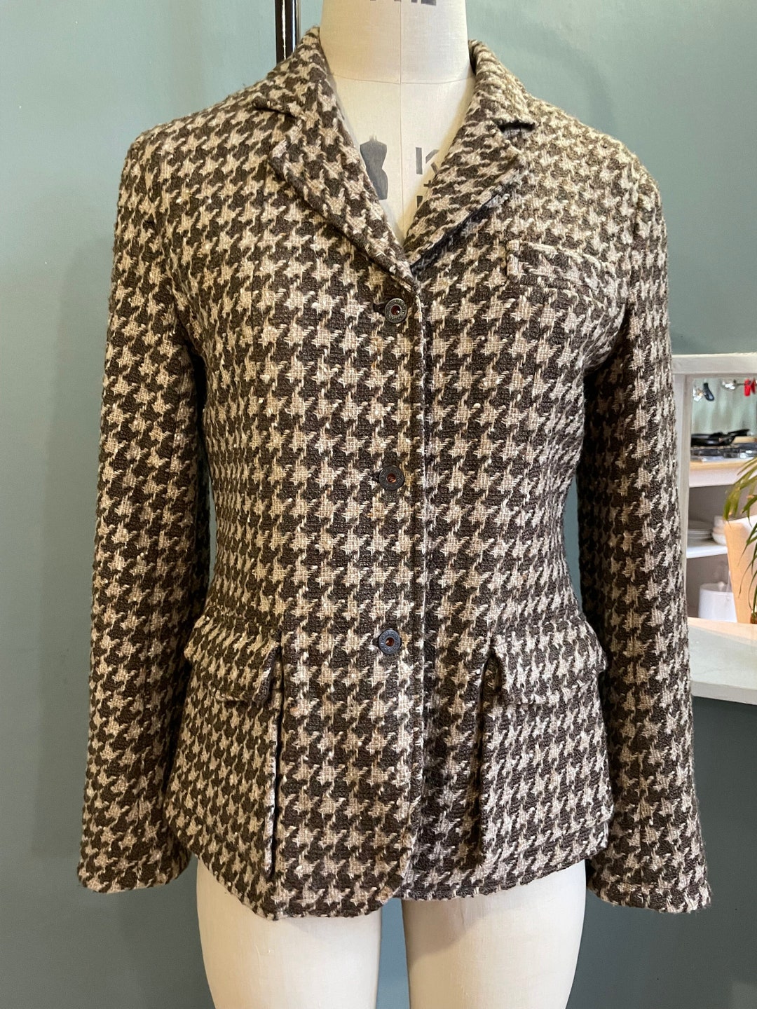 Wool Dogtooth Riding Jacket: Leather Details, Metal Buttons, Size L - Etsy