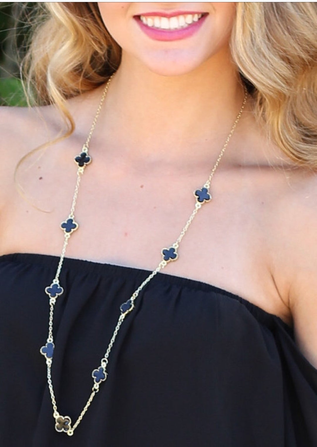 Clover Quatrefoil Long Statement Necklace - Black / Gold - Etsy