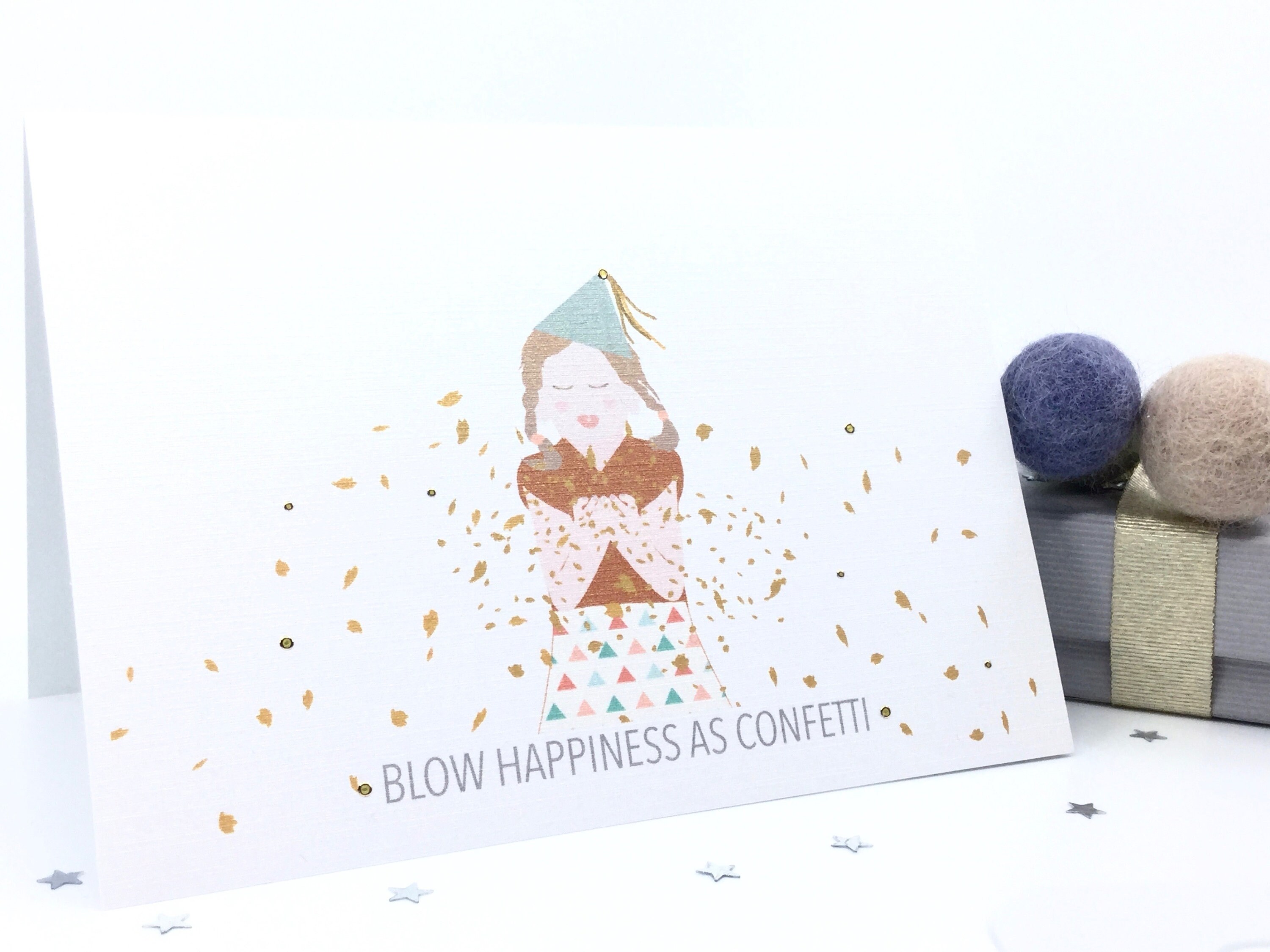 Happy Birthday Card Girl Blowing Confetti . Birthday Party Celebration ...