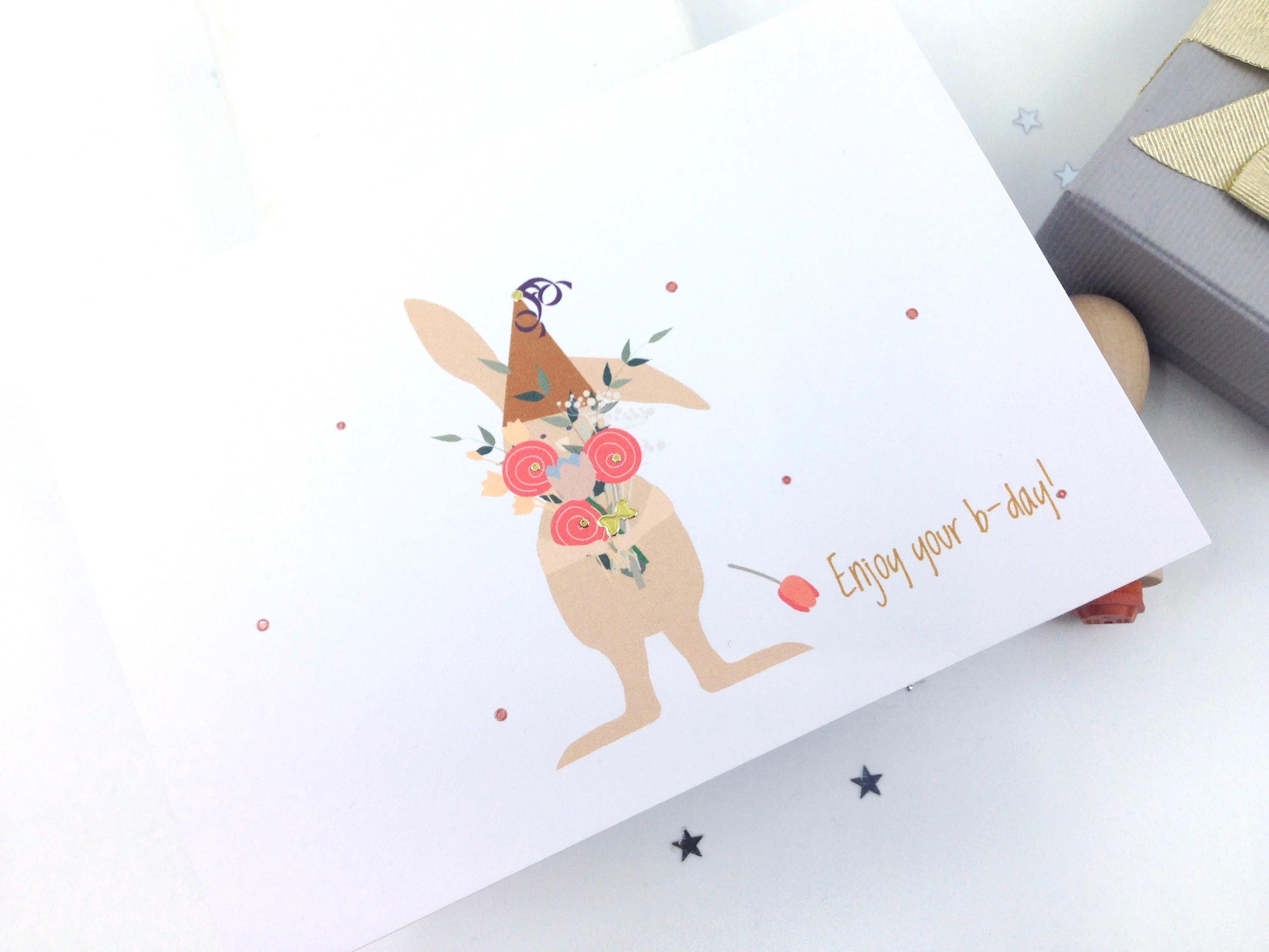 Handmade Birthday Card, Bunny Birthday Card With Floral Details, Cute ...