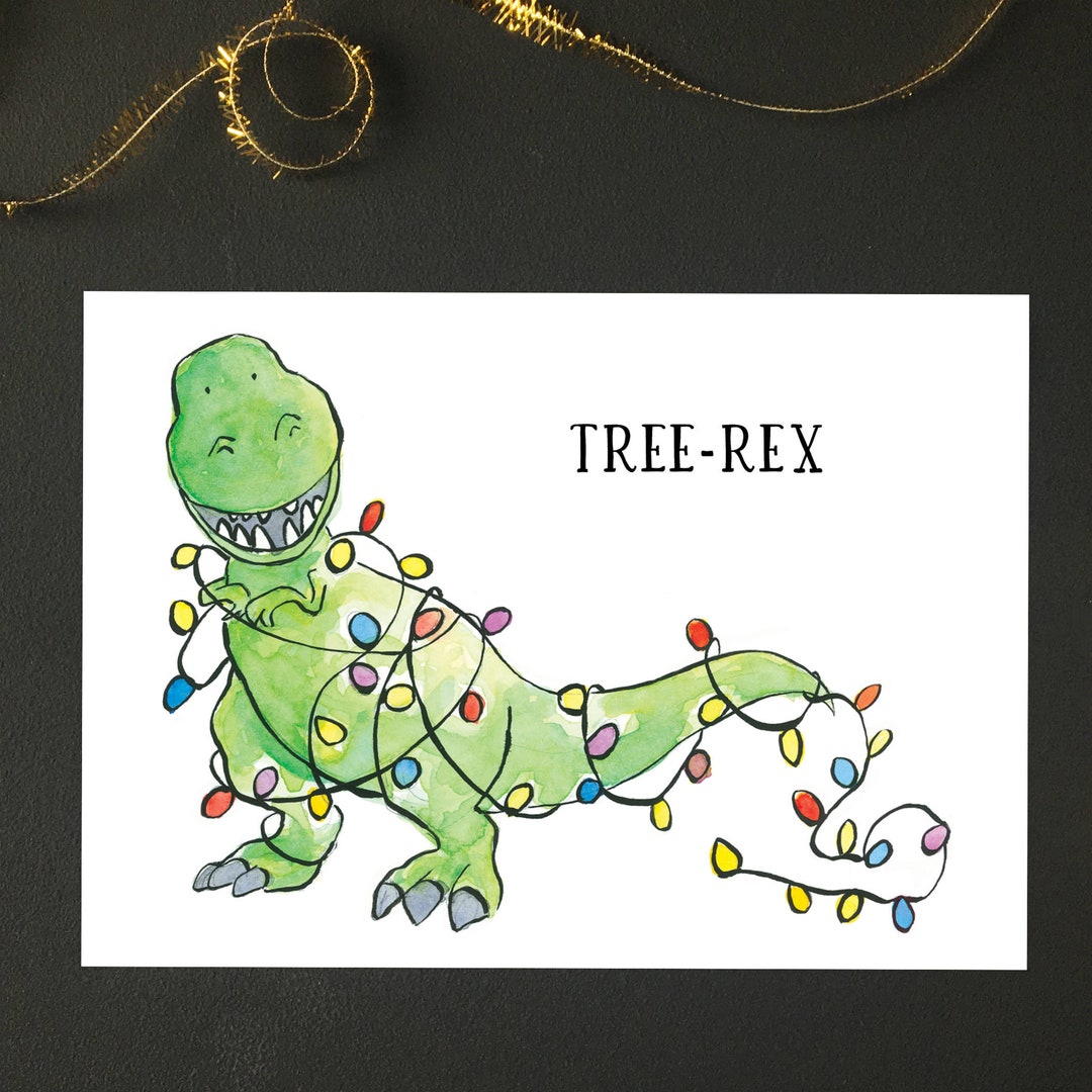 Watercolor Dinosaur Christmas Card: Funny Tree-rex Pun (digital ...