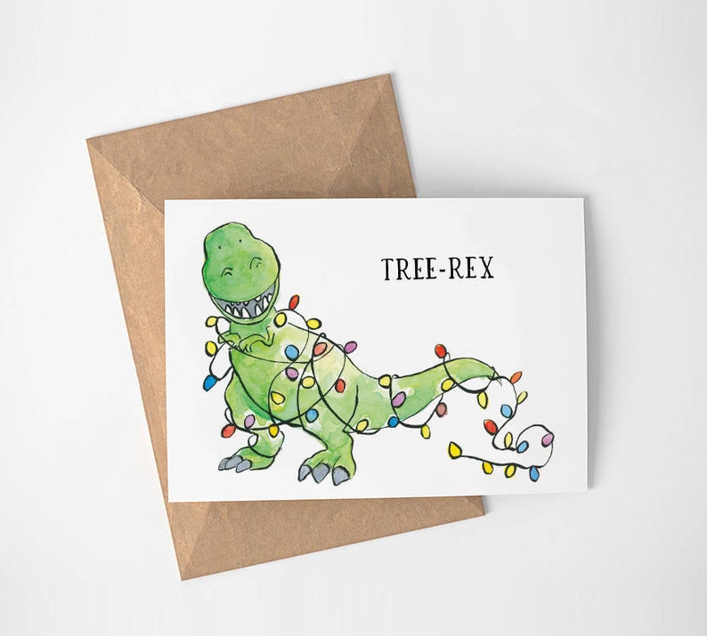 Watercolor Dinosaur Christmas Card: Funny Tree-rex Pun (digital ...