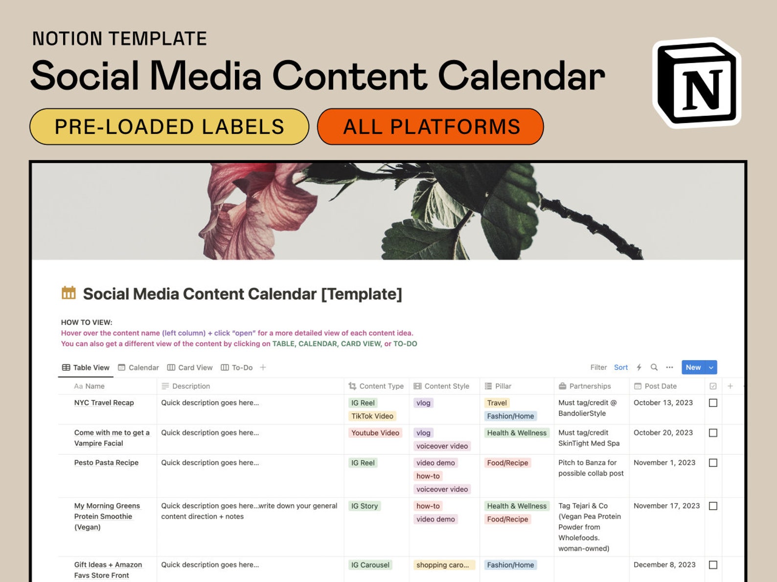 Notion Template — Digital Social Media Content Calendar & Planner ...