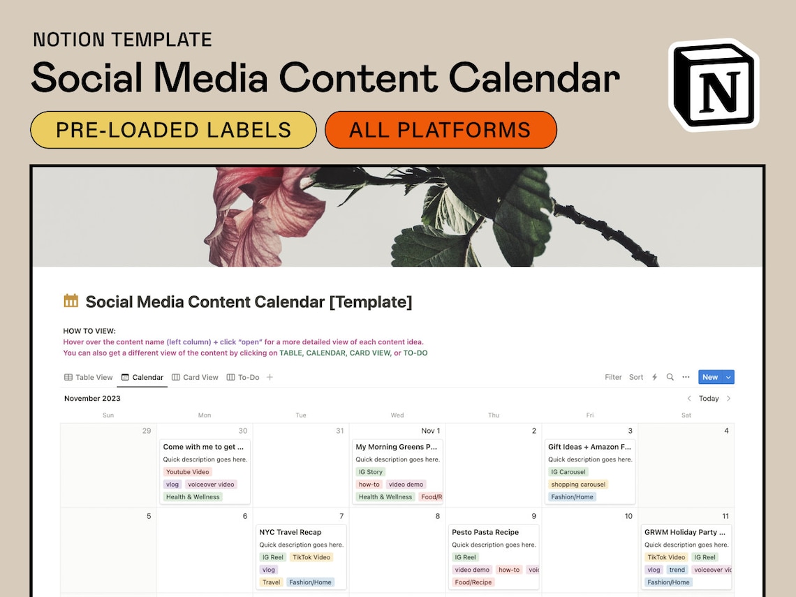 Notion Template Digital Social Media Content Calendar & Planner. Customizable Built-in Labels ...