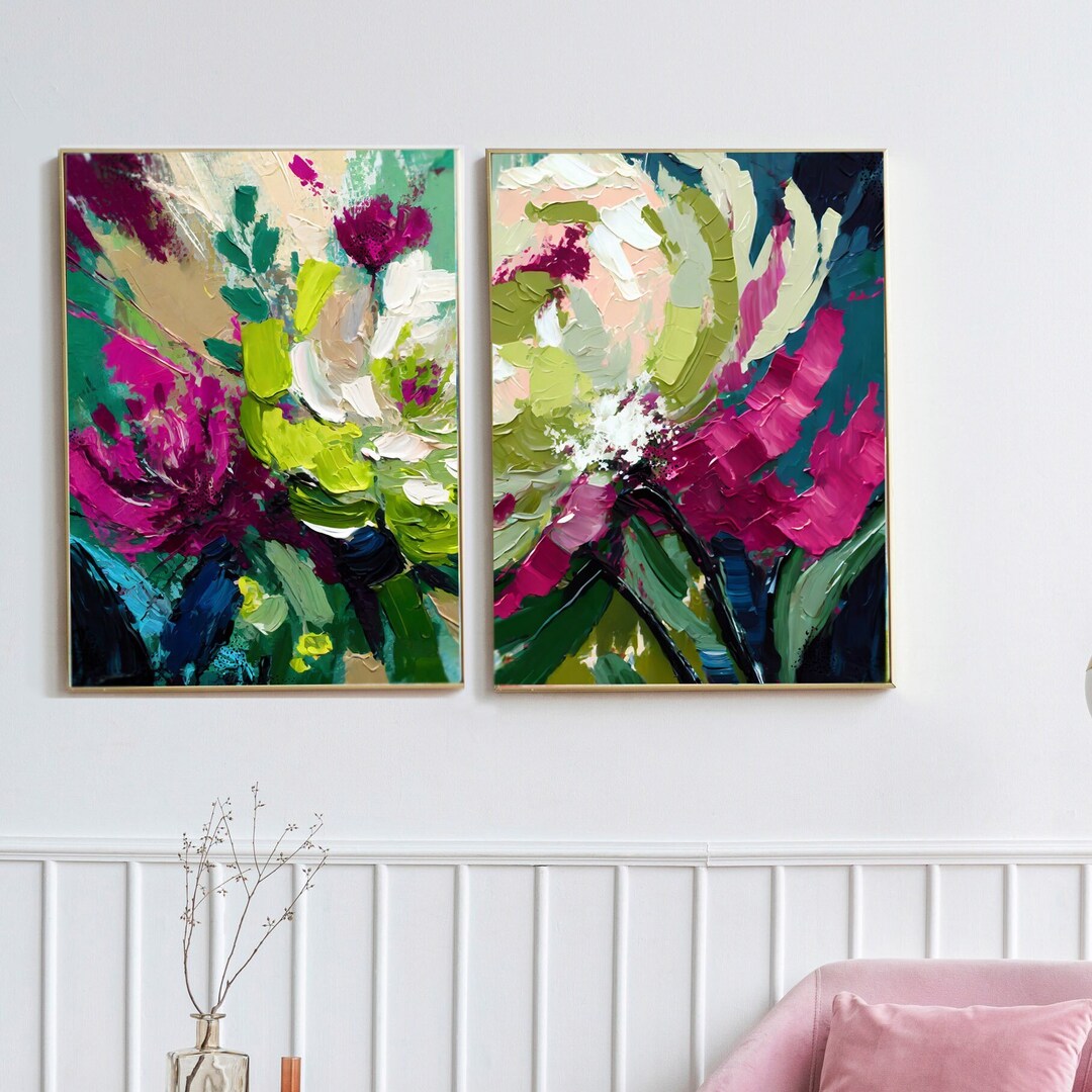Lime Green Magenta Floral Fine Art Abstract Print Set, Cream White ...