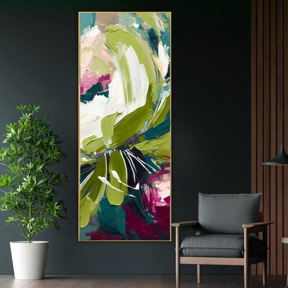 Olive and Plum Abstract Floral Fine Art Print Long Vertical Canvas Dark Pink Accents Avocado Green Wall Art Decor UK Etsy