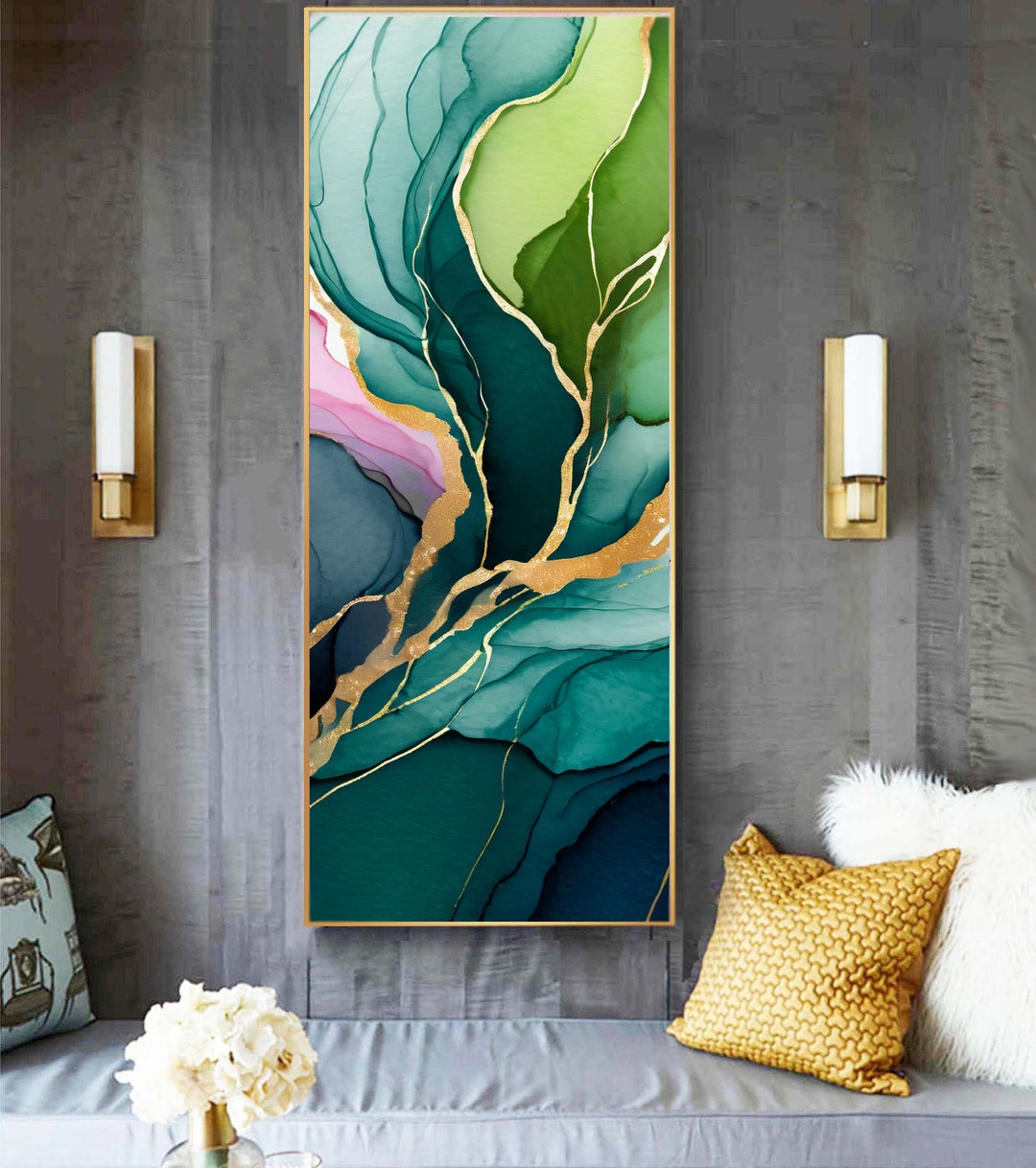 Emerald Gold Abstract Art Print, Pink Accents, Long Narrow Canvas Print, Vertical Teal Green ...
