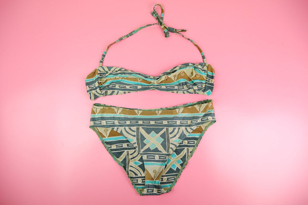 Vintage 70s 80s Ethnic Aztec Pattern Bikini Set: Bandeau Halter Neck ...