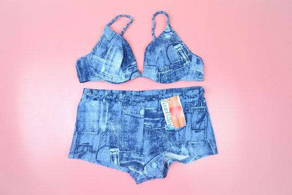 Vintage Y2K deadstock fake denim bikini set: padded p… - Gem