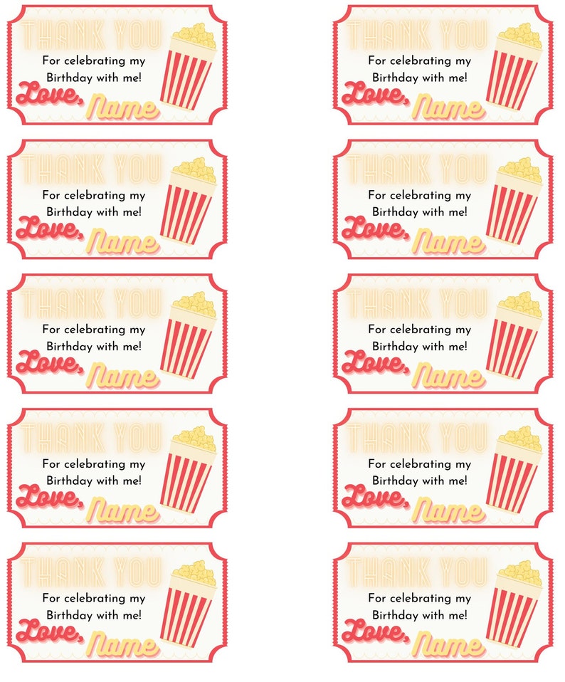 Editable Movie Night Birthday Printable Favor Tags - Etsy