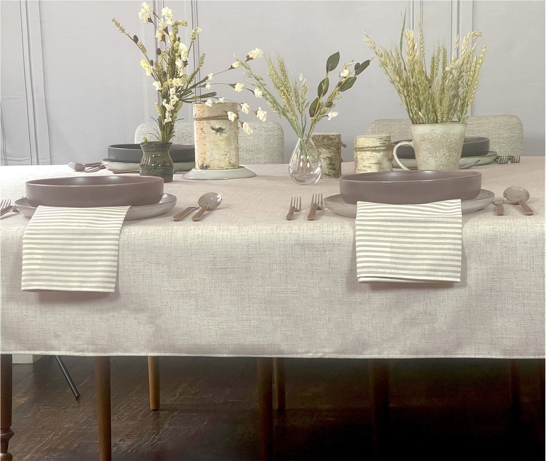 Linen Stain Resistant Ava Beige Tablecloth Easy Care Wipe Clean - Round ...