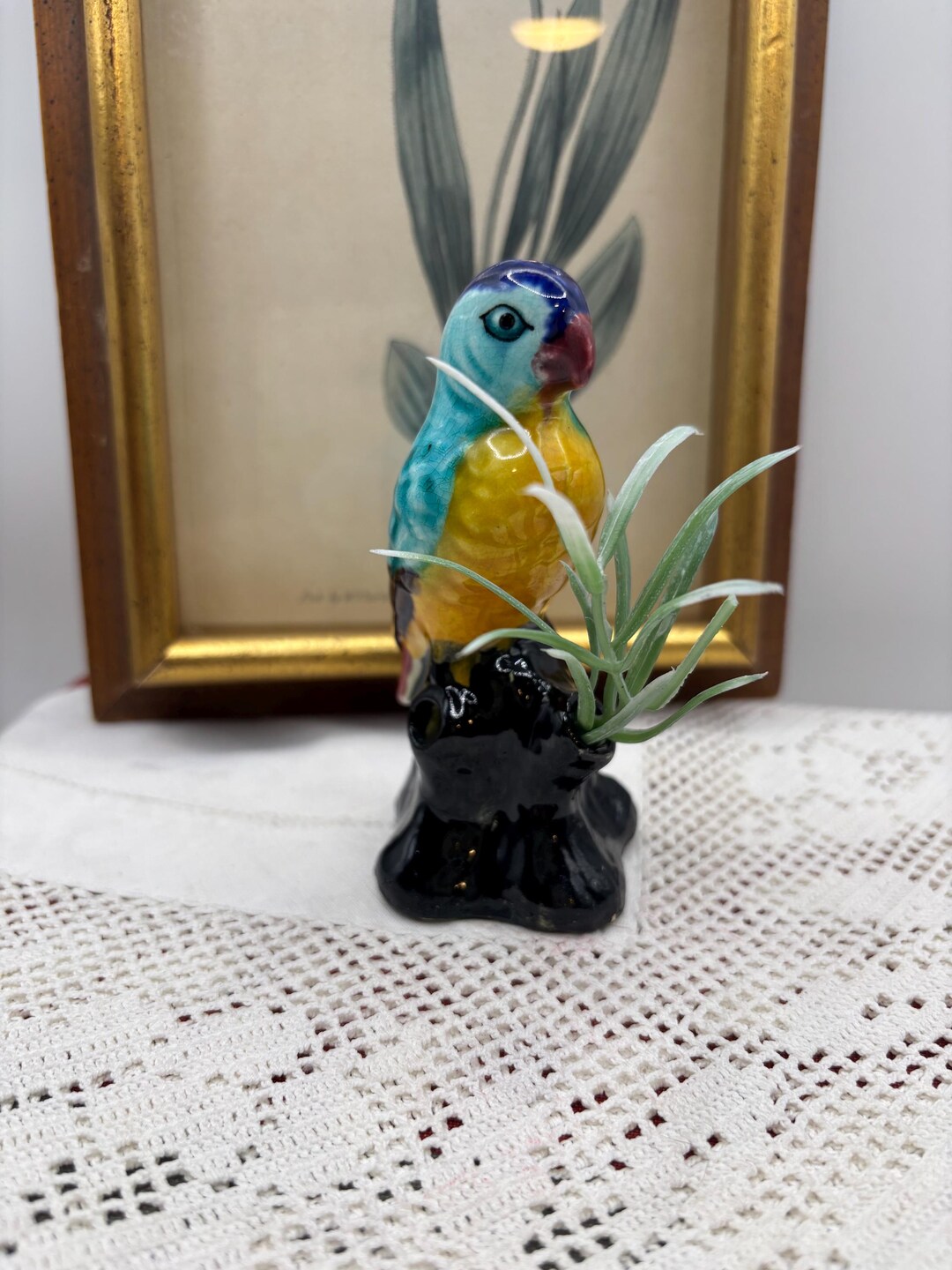 Vintage Colorful Bird Flower Frog. Porcelain Parakeet on Branch Flower ...