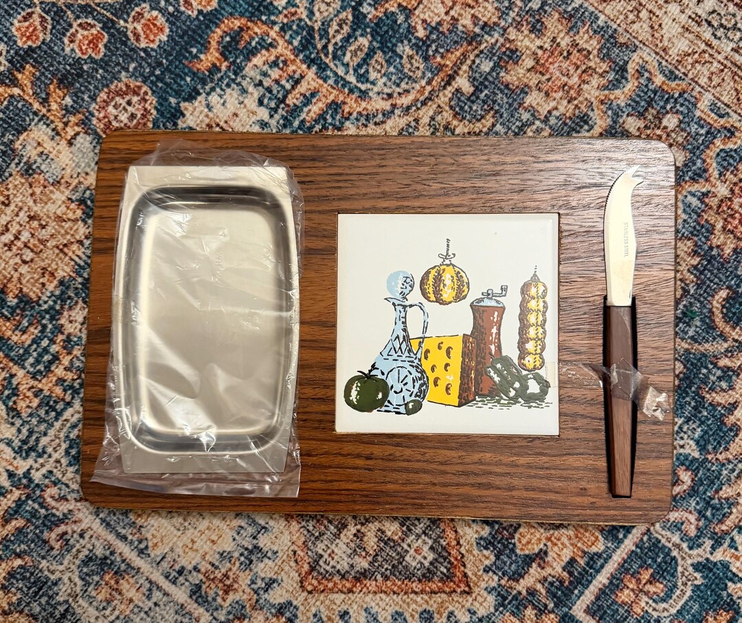 Vintage MCM Wood & Ceramic Tile Cheese Board. Stainless Steel Knife. - Etsy