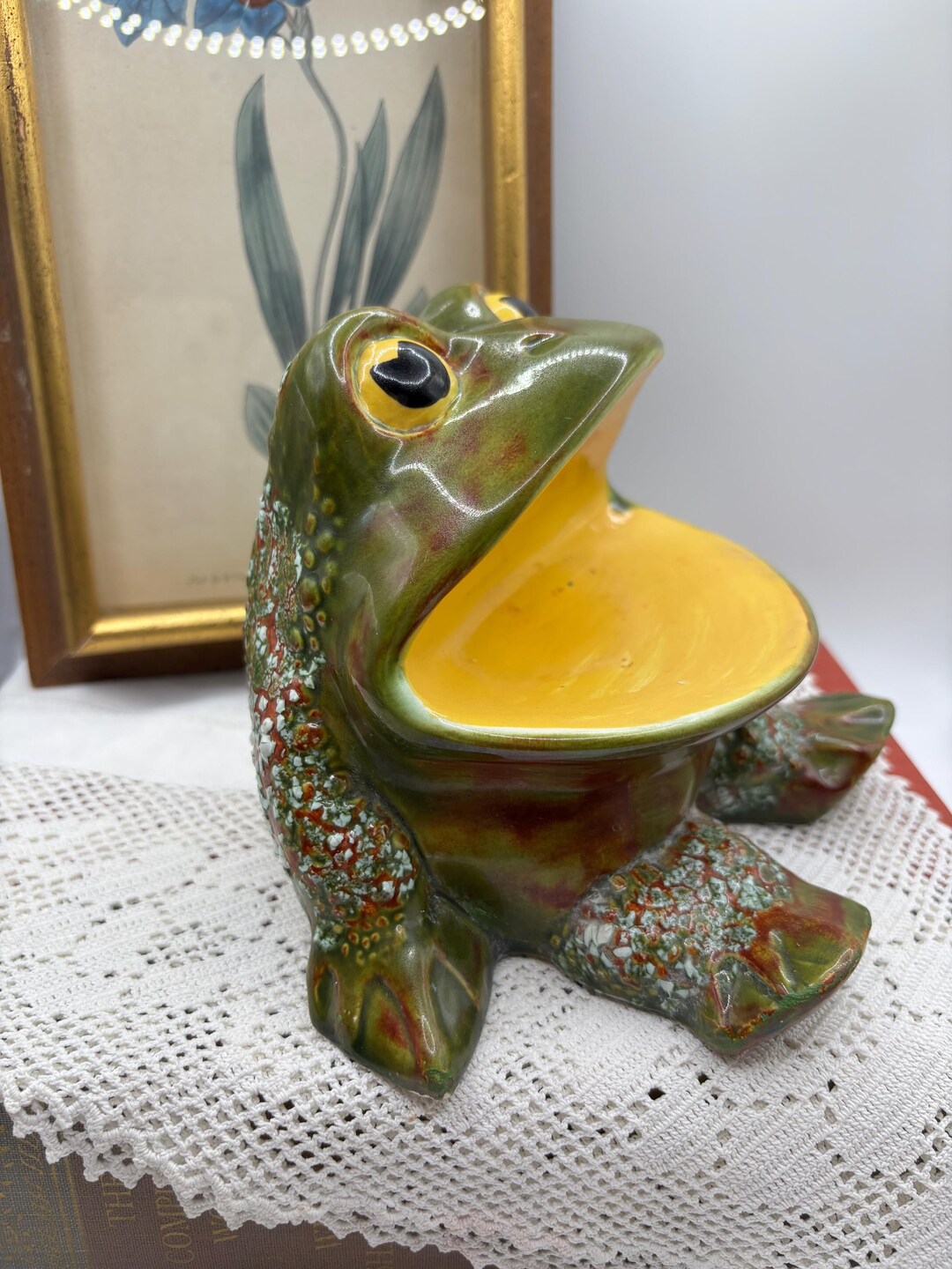 Vintage Ceramic Frog Toad Open Mouth for Holding Sponge Green Speckled ...