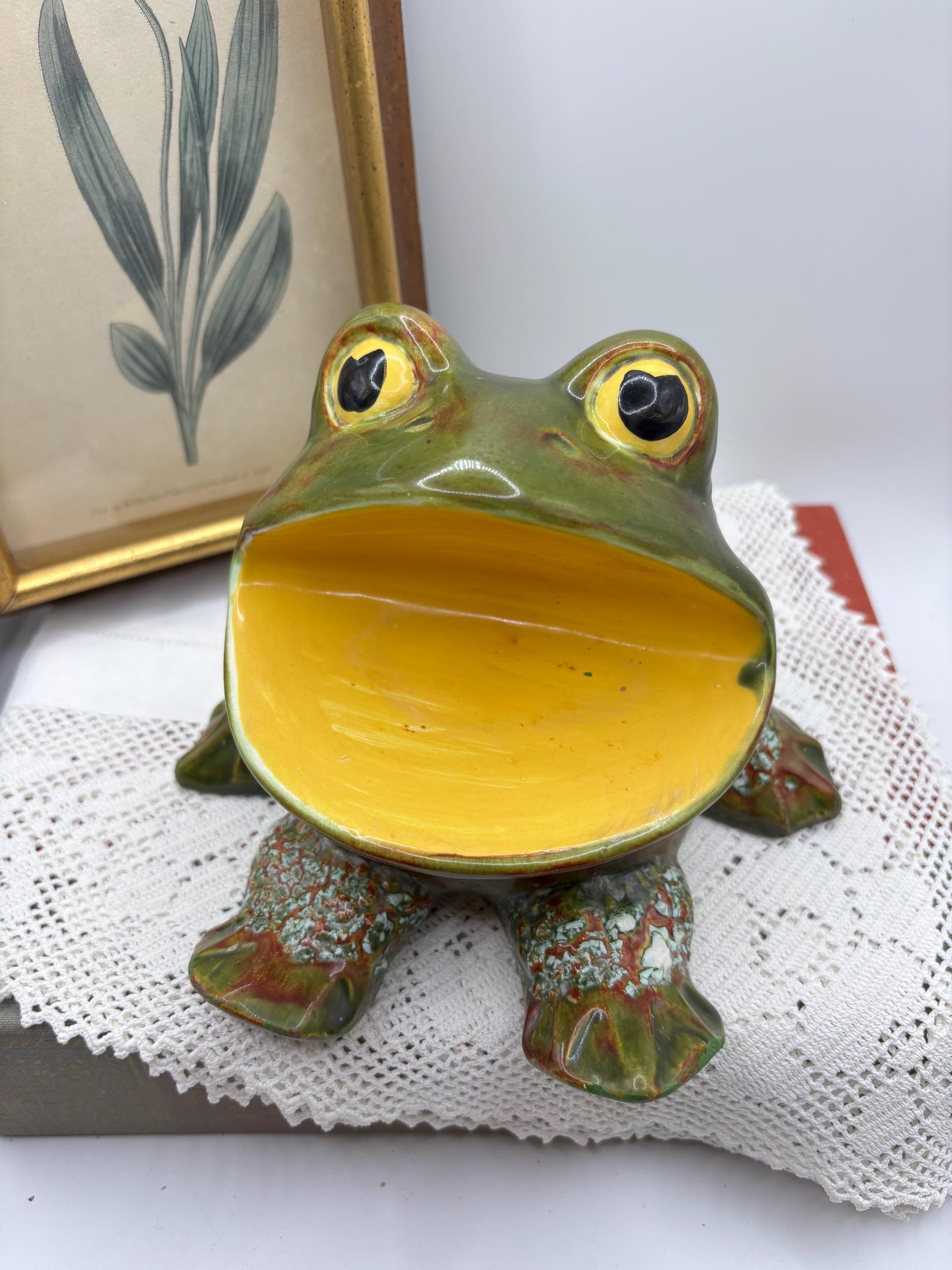 Vintage Ceramic Frog Toad Open Mouth for Holding Sponge Green Speckled ...