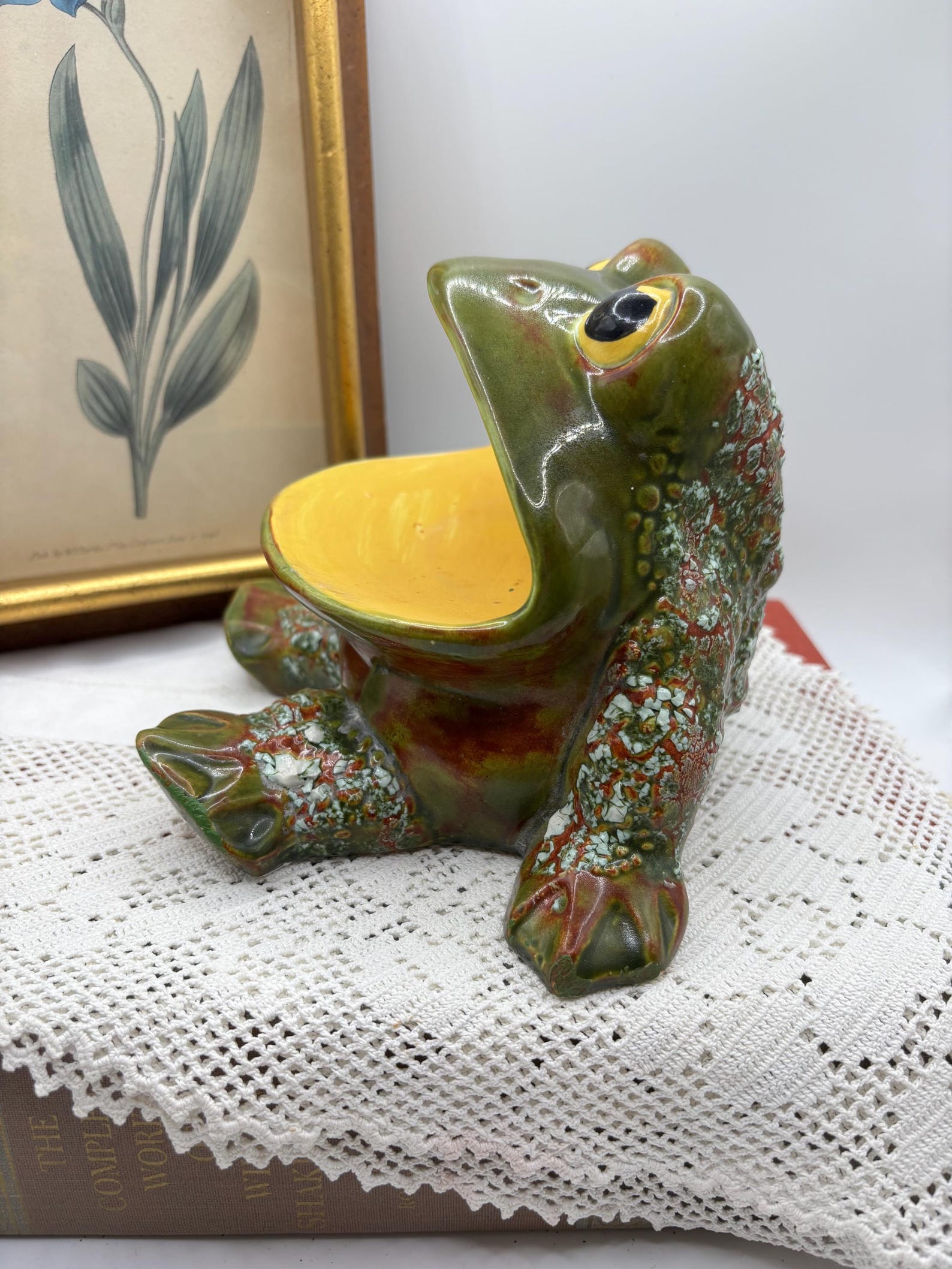 Vintage Ceramic Frog Toad Open Mouth for Holding Sponge Green Speckled ...