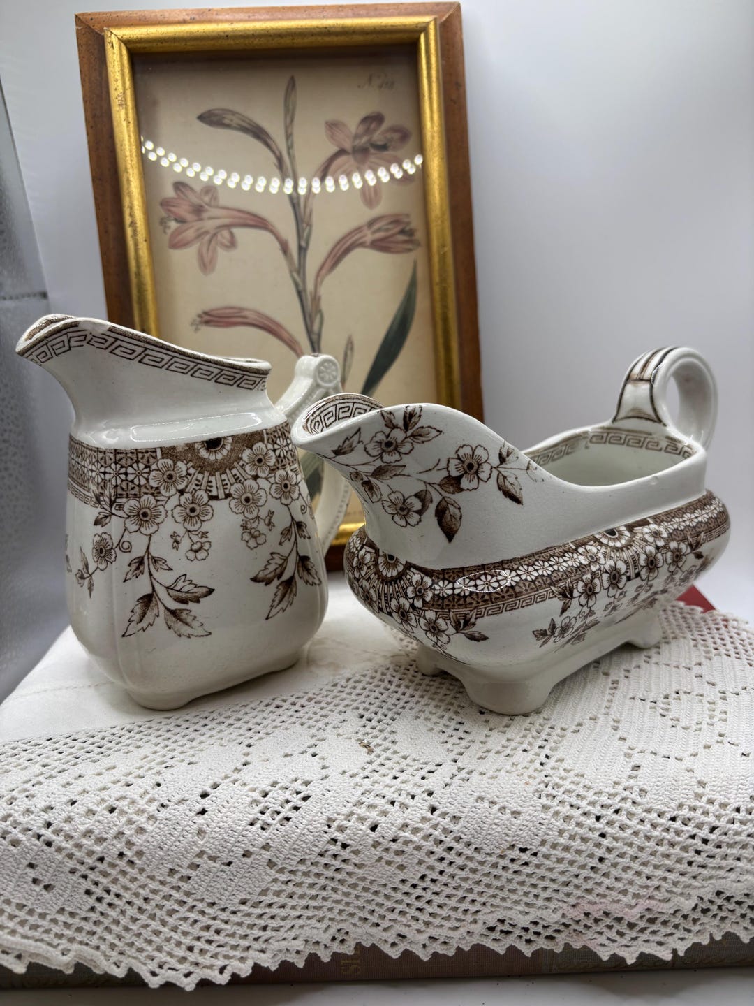 Set/pair Ironstone Brown White Transferware Pitchers. Foley ...