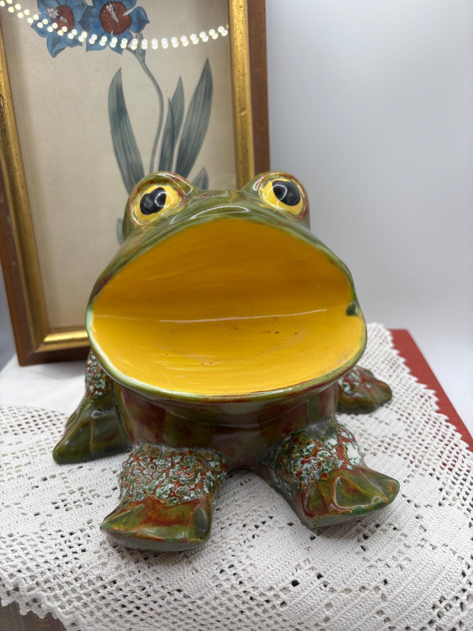 Vintage Ceramic Frog Toad Open Mouth for Holding Sponge Green Speckled ...