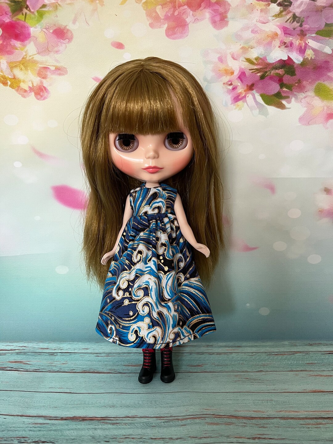 Doll Dress Black, Blue and Gold With Japanese Wave Print. to Fit Pullip ...