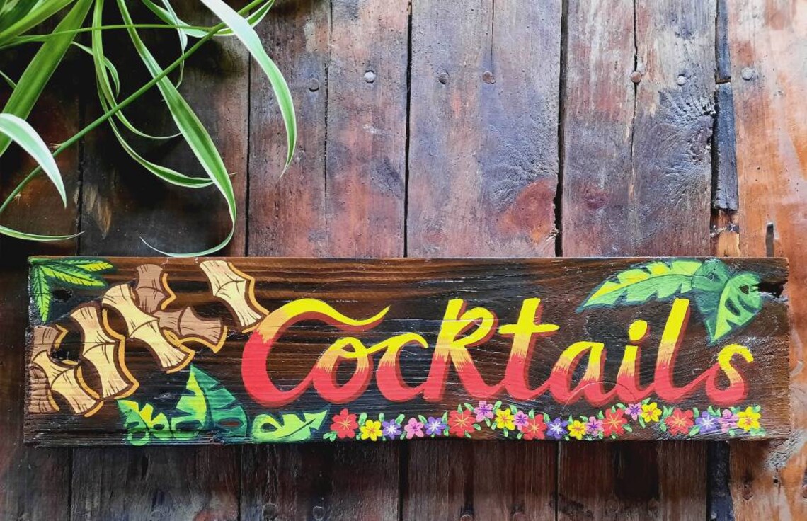 Hand Painted Tropical Garden Sign, Tiki Bar Cocktails Sign Flamingo ...