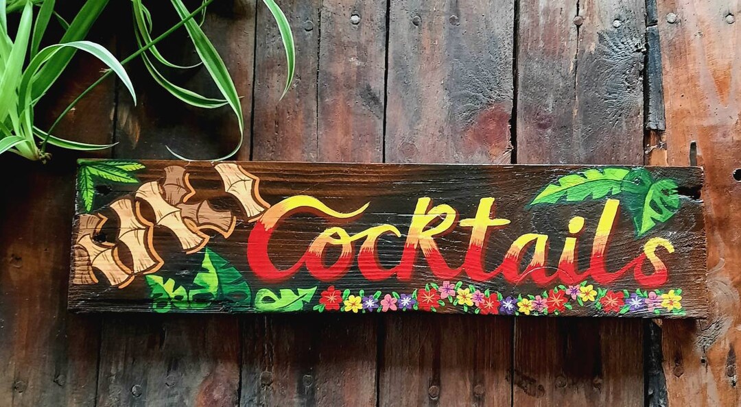 Hand Painted Tropical Garden Sign, Tiki Bar Cocktails Sign Flamingo ...