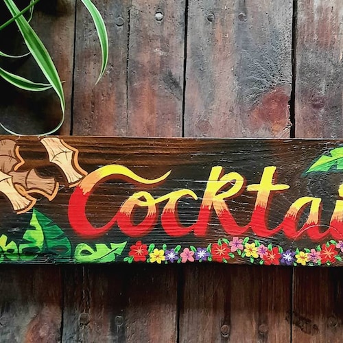 Hand Painted Tropical Garden Sign Tiki Cocktails Bar Sign - Etsy