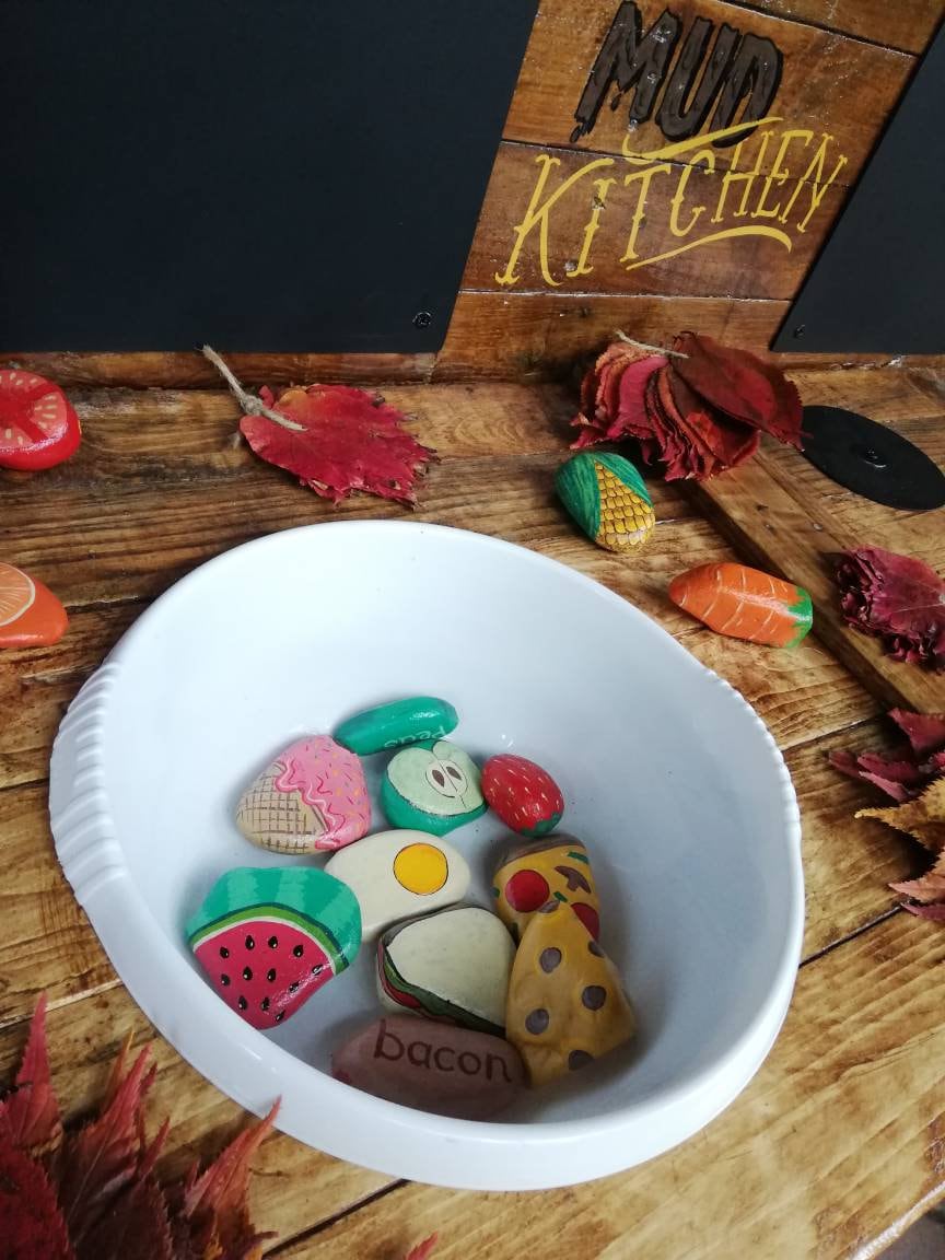 Food Stones Set of 10 Hand Painted for Mud Kitchen Early Years Outdoor ...