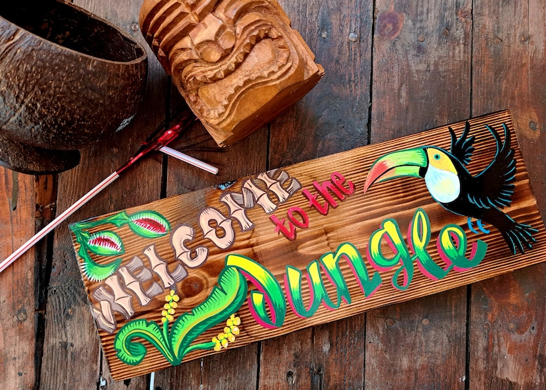 Hand Painted Tropical Garden Sign, Tiki Bar Sign Welcome to the Jungle ...