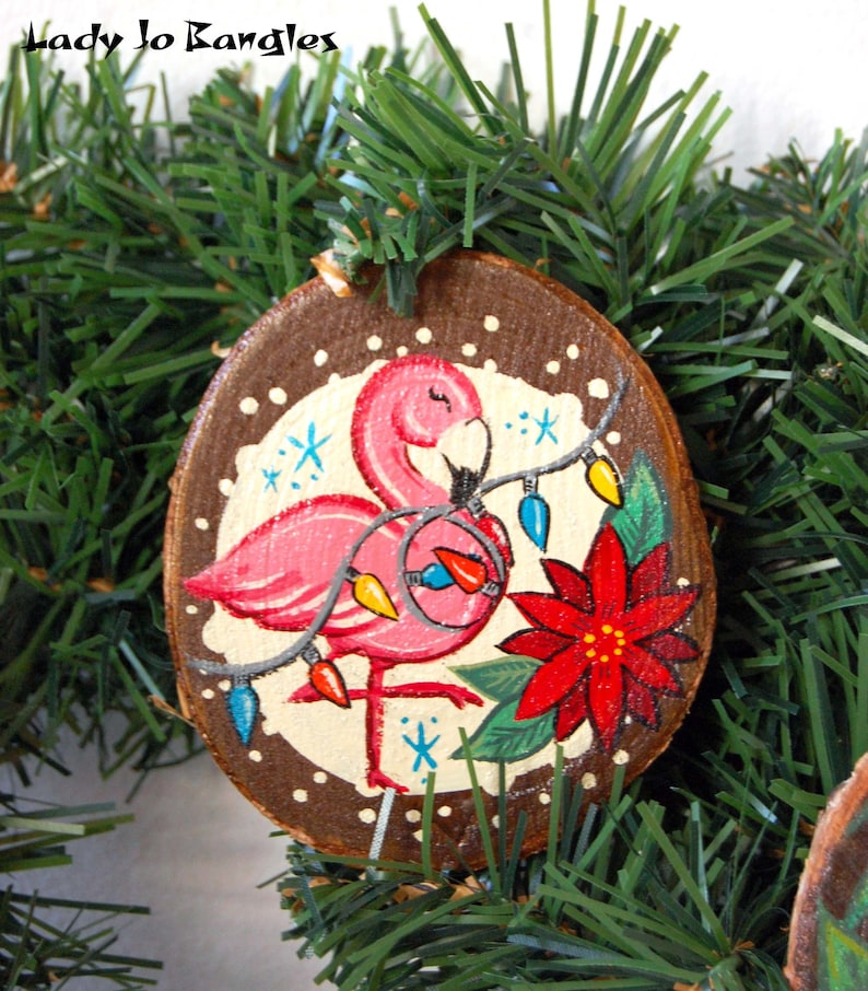 Tropical Wood Slice Christmas Tree Ornament Decoration, Tiki, Flamingo ...