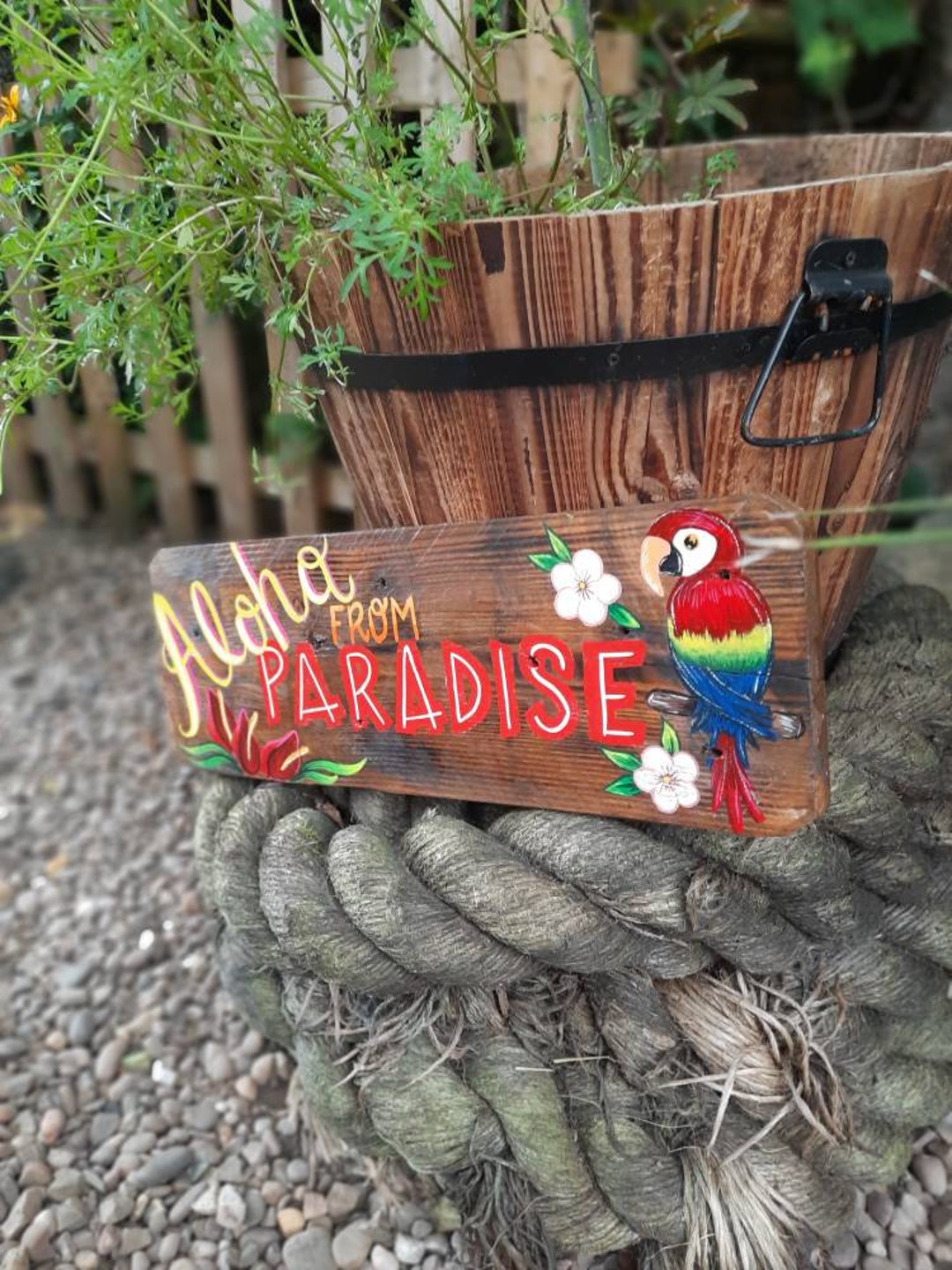 Hand Painted Tropical Garden Sign, Tiki Aloha Bar Sign Backyard Jungle ...