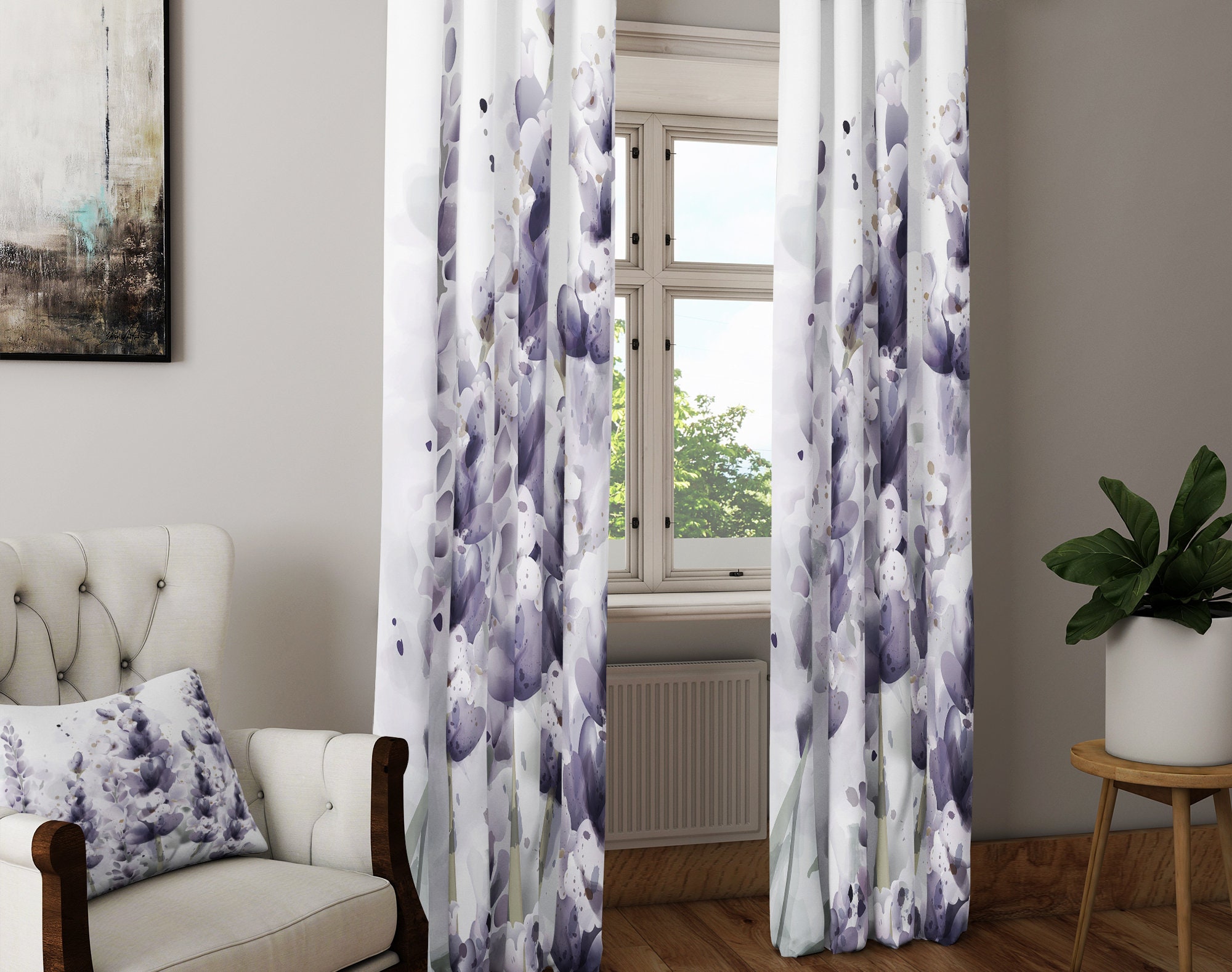 Chic Watercolor Lavender Floral Window Curtains | Lined and Sheer ...