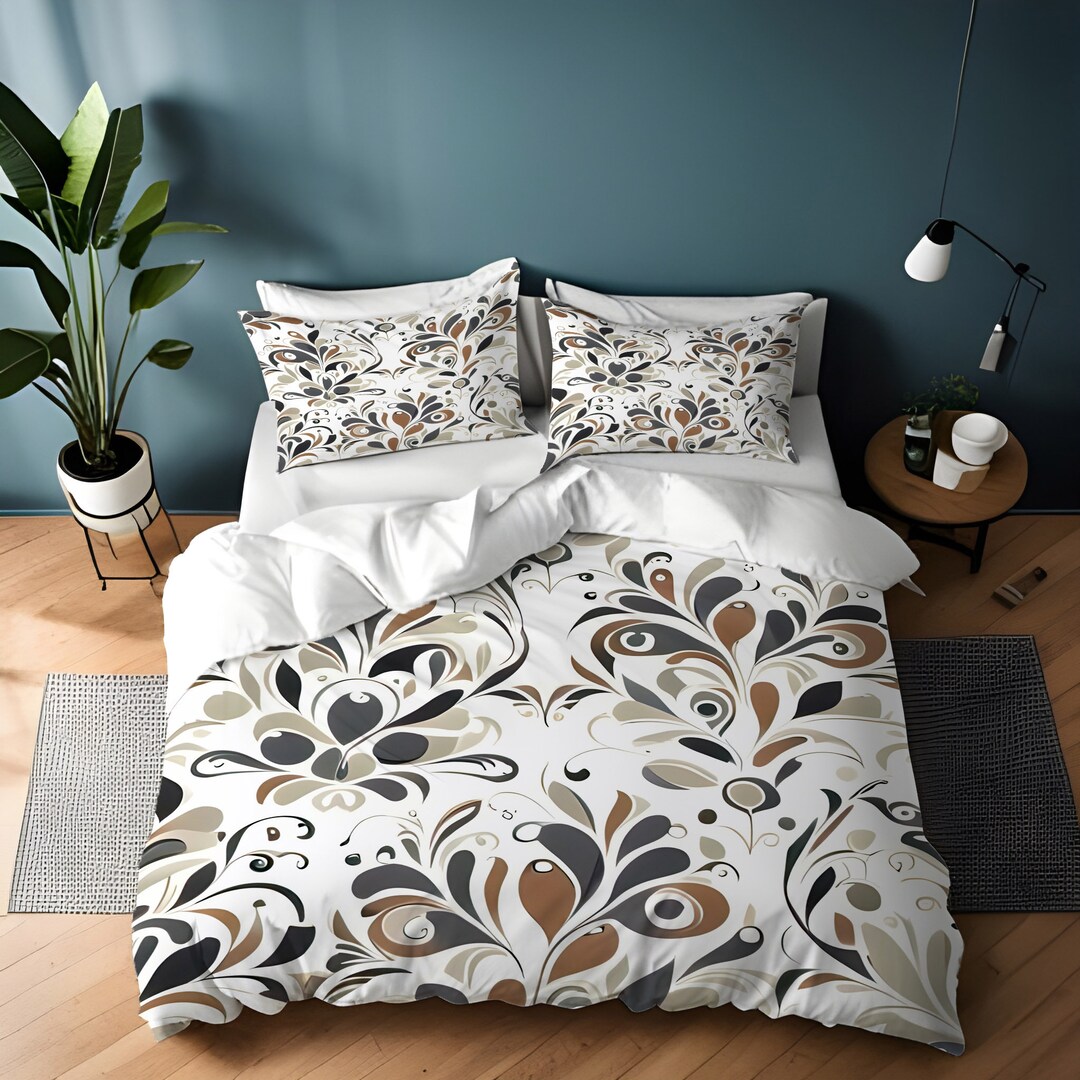 Chic Minimalist Gray and Brown Country Style Leaf Pattern Comforter or ...