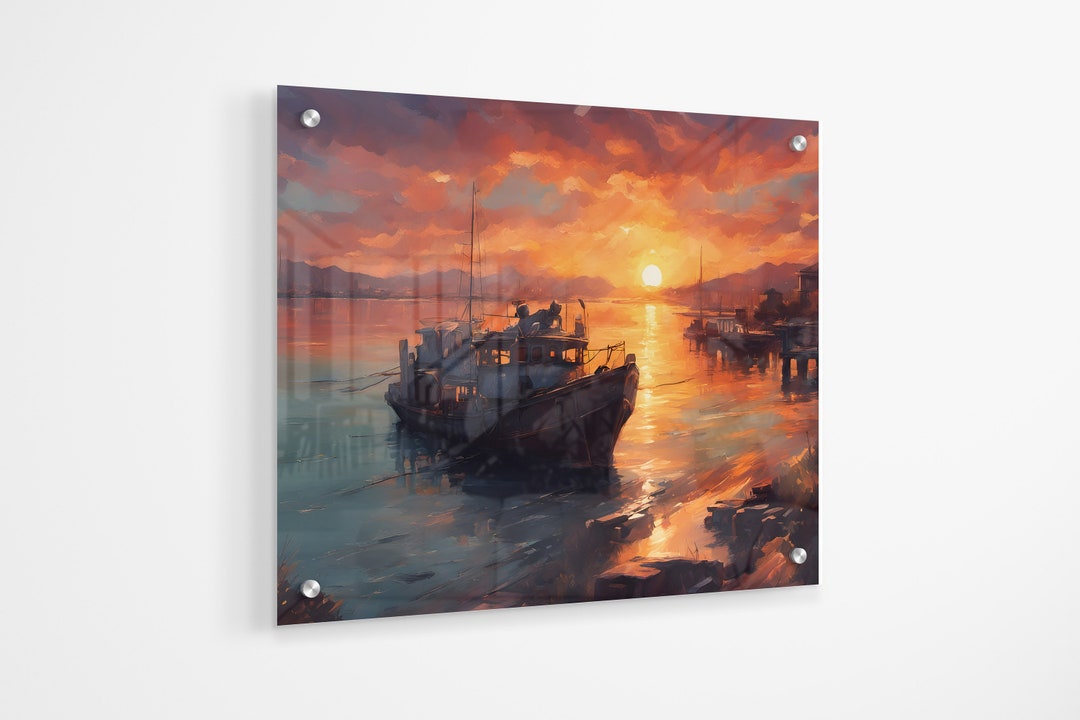 Impressionist Style Moored Boat at Sunset Acrylic Print Wall Art With Metal Standoffs | Size ...