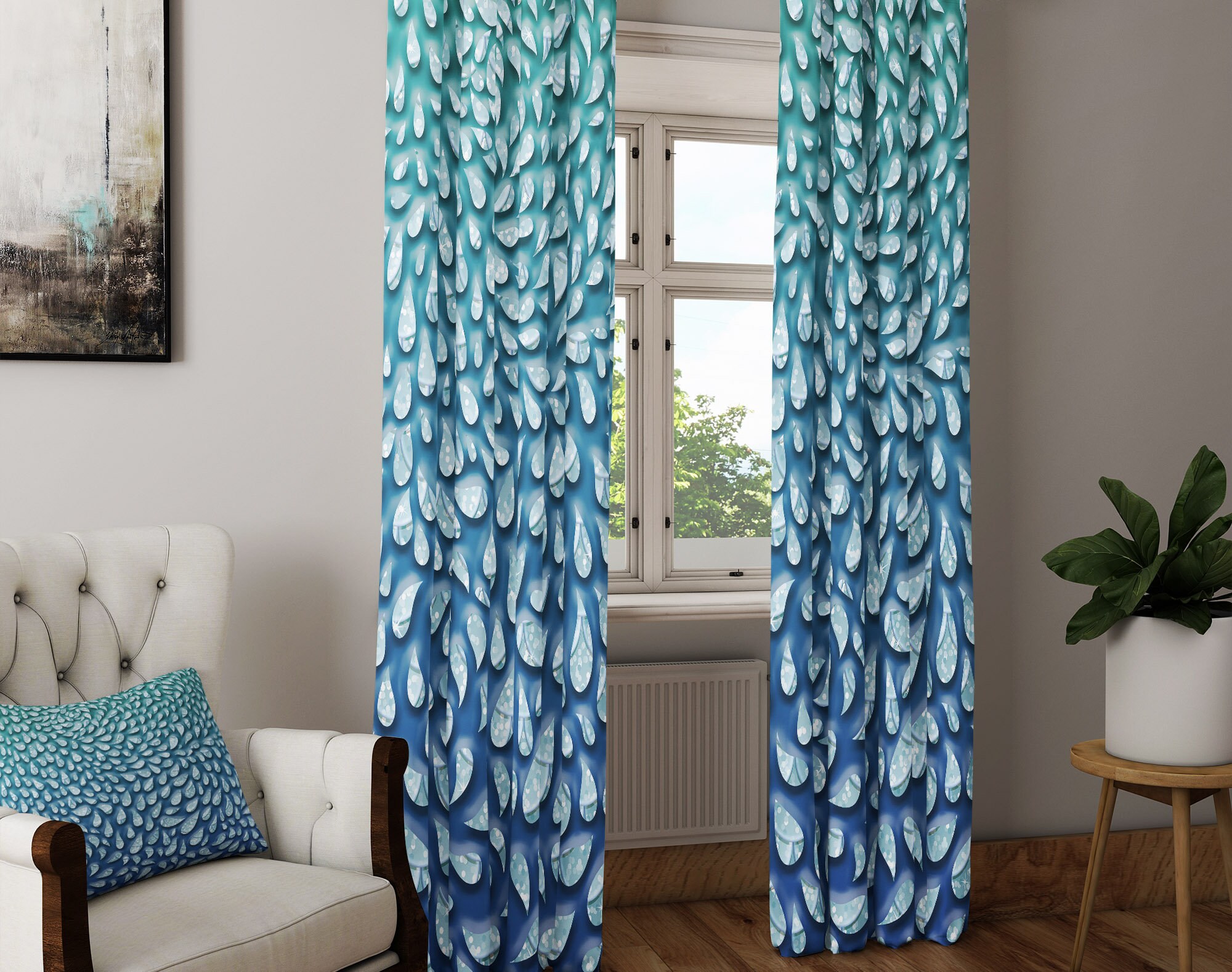 Aqua Blue 3D Raindrop Window Curtains Modern Colorful | Etsy
