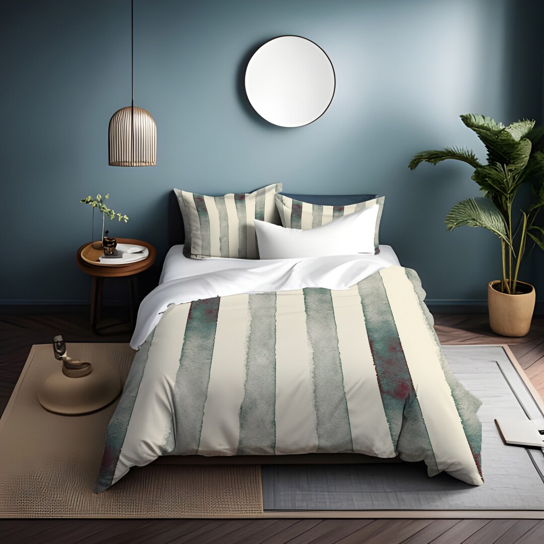 Beige, Steel Blue and Green Watercolor Striped Comforter or Duvet Cover ...