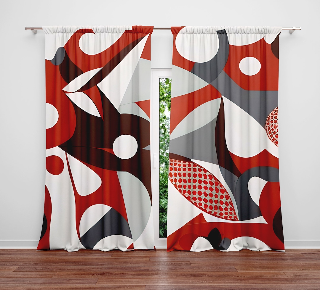 Modern Abstract Shapes Window Curtains - Red, Gray and White Curtain ...