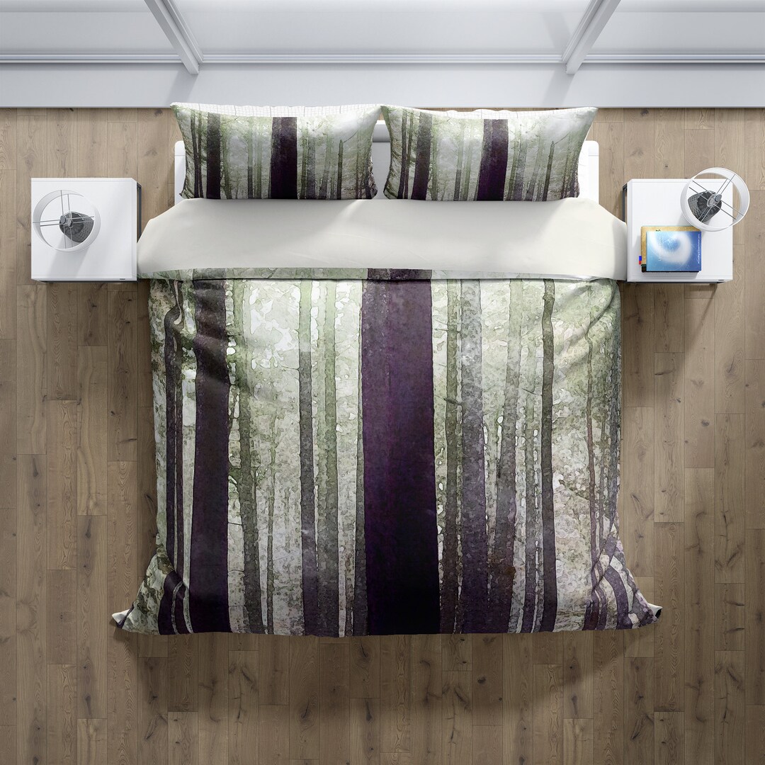 Forest Trees Comforter or Duvet Cover | Watercolor Style | Striped ...
