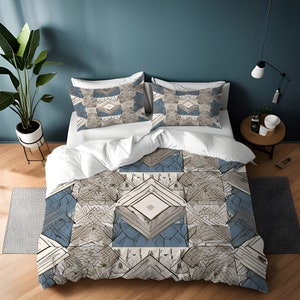 Abstract Thin Line Art Comforter or Duvet Cover - Blue and Beige Geometric Pattern Bedding ...