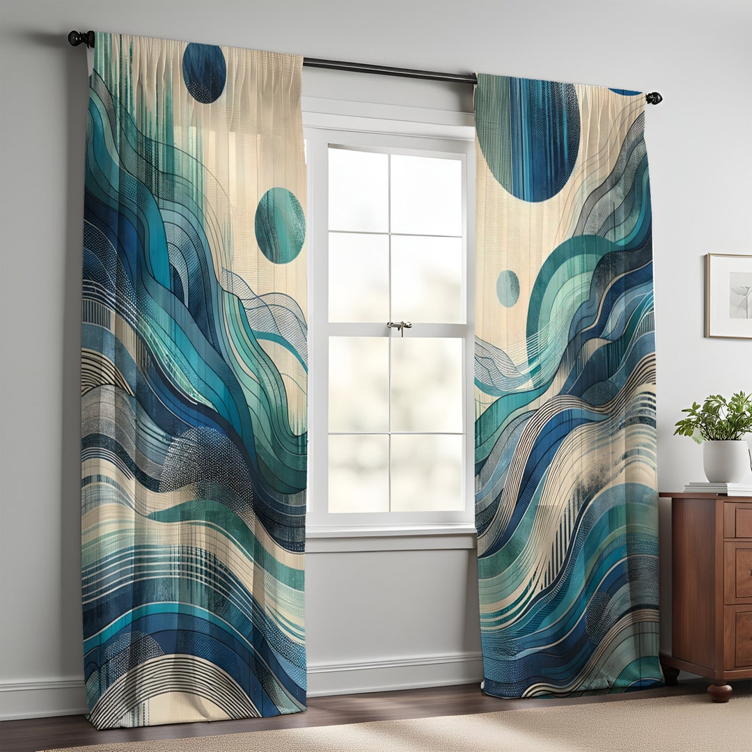 Abstract Ocean Waves Window Curtains: Beige & Blue, Lined/unlined - Etsy