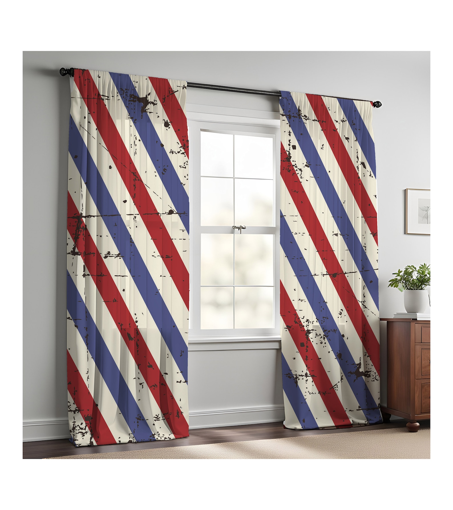 Red and Blue Striped Barber Shop Window Curtains | Long Panel Sheer and ...