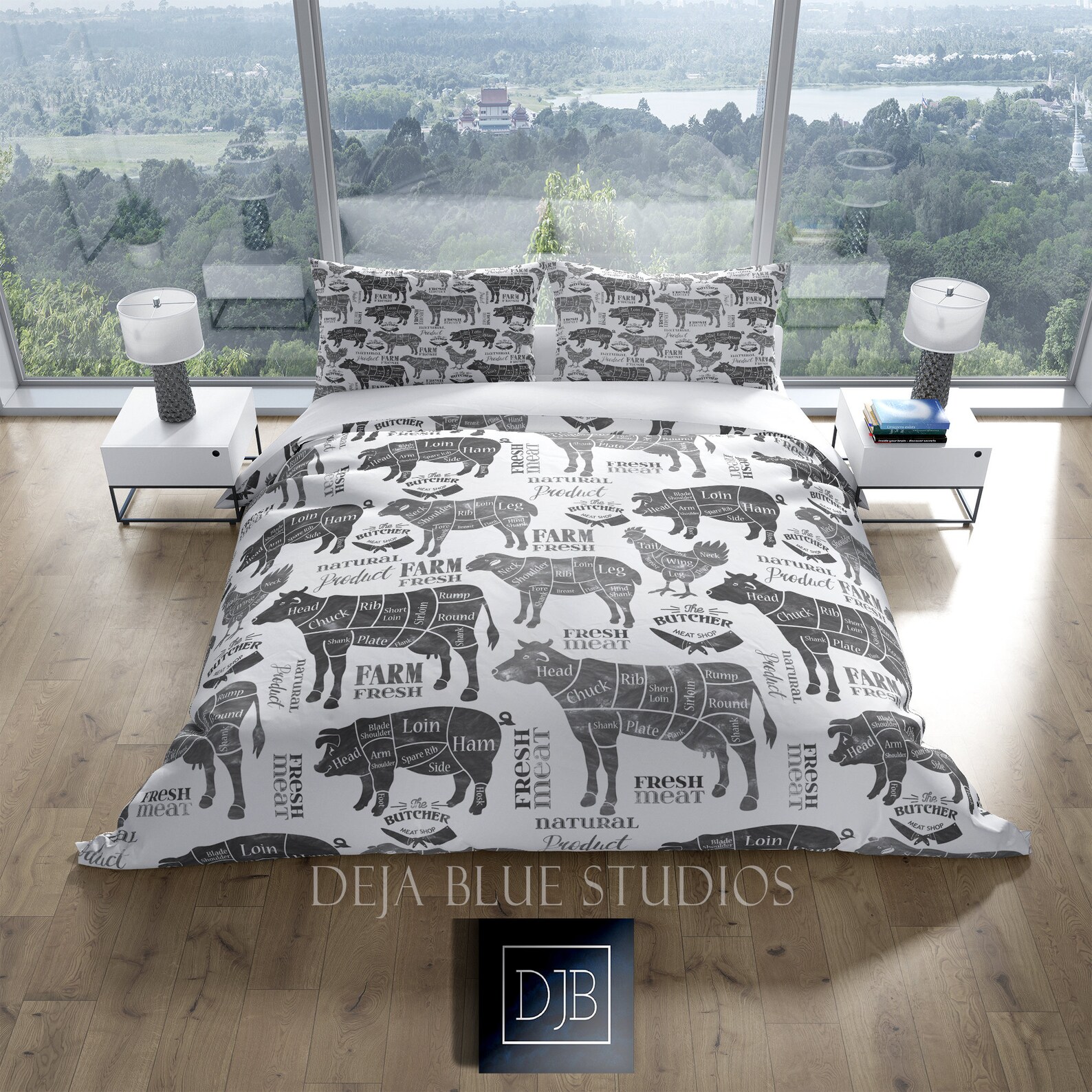 Gray Scale Farm Animal Comforter or Duvet Cover Meat Cut | Etsy