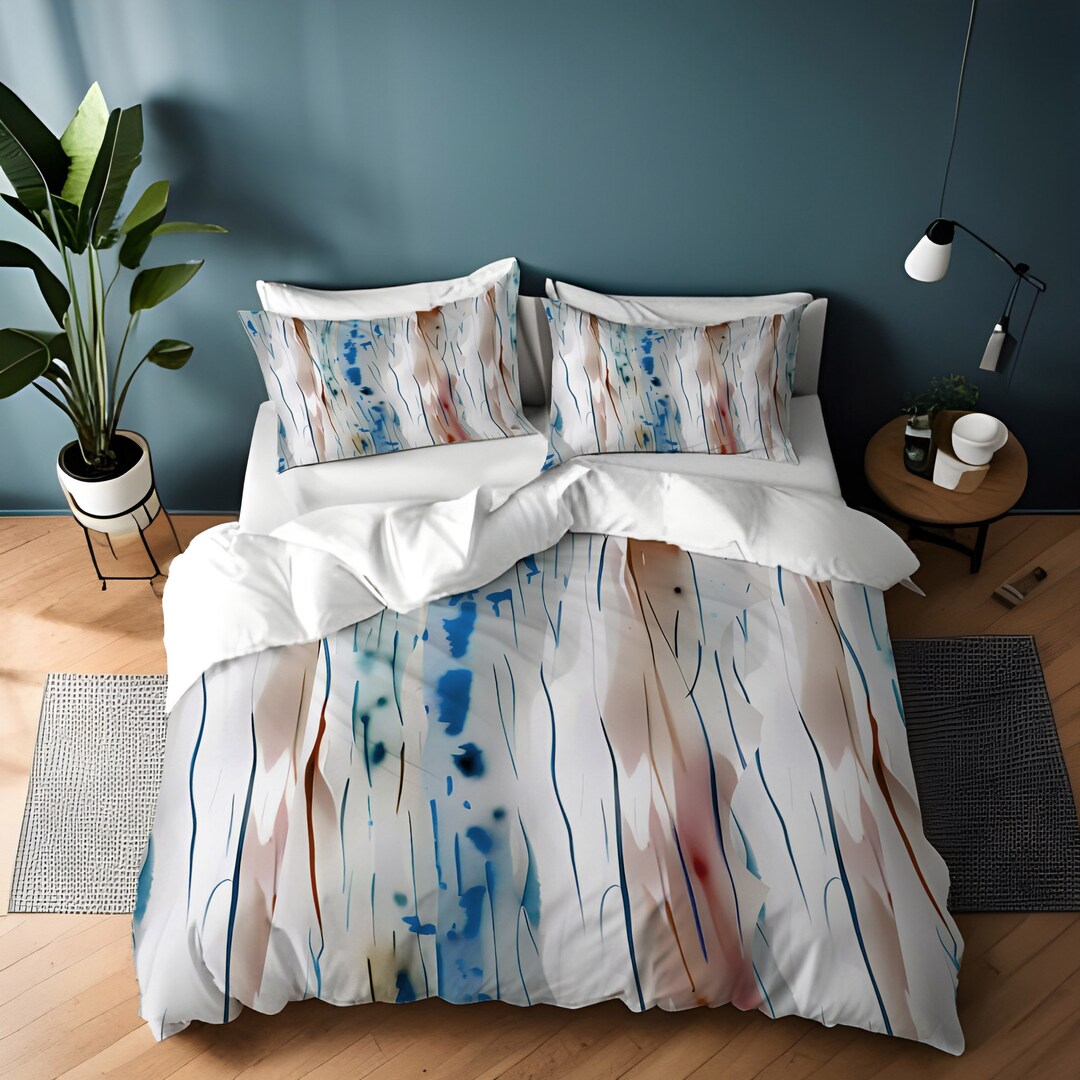 White Striped Lines Watercolor Stain Print Comforter or Duvet Cover ...