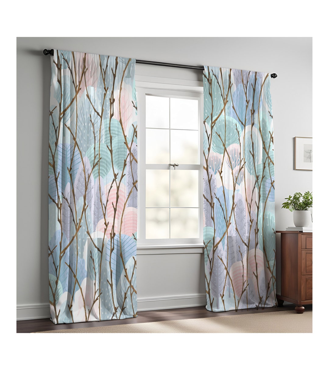 Window Curtains | Watercolor Trees & Sticks Pattern | Living Room ...