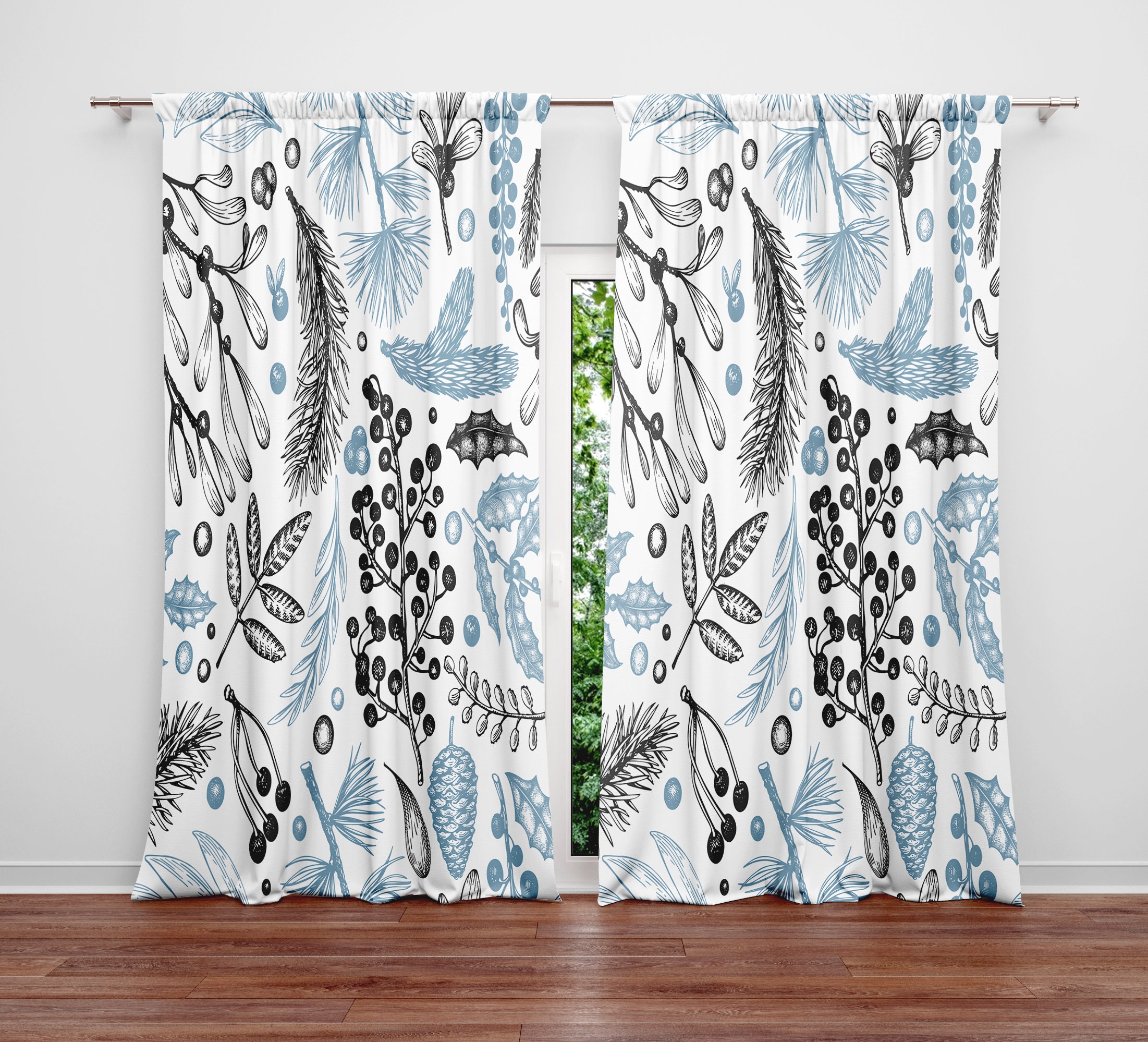 White With Blue Pattern Window Panels - Etsy