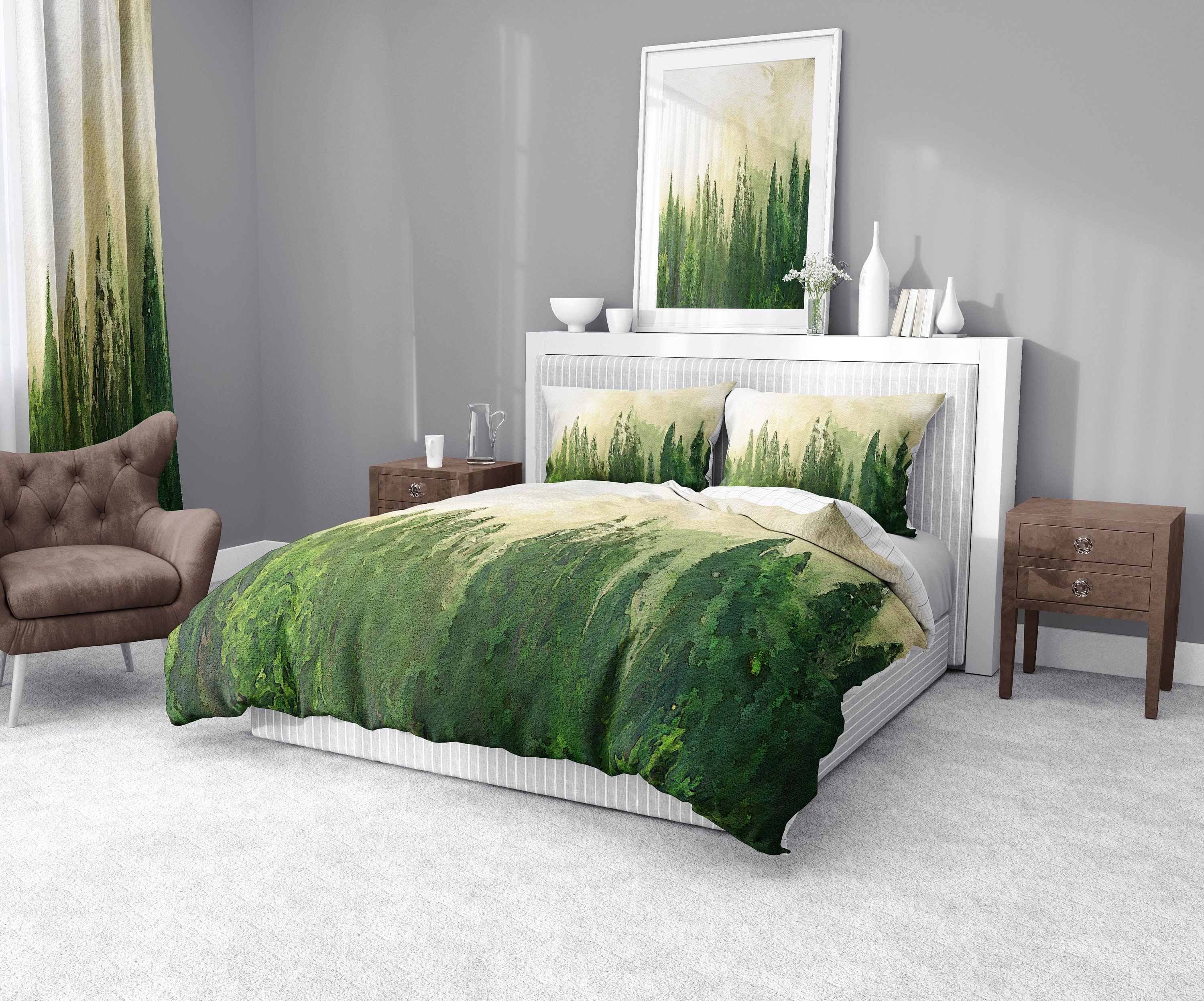Green and Cream Foggy Pine Forest Comforter or Duvet Cover | Etsy