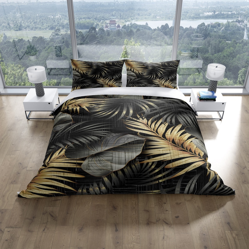 Black and Gold Monstera Fern Print Comforter or Duvet Cover - Etsy