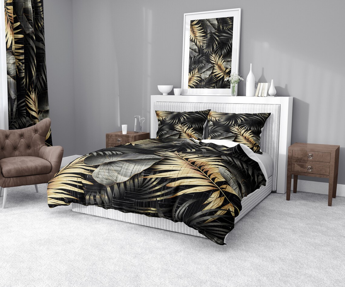 Black and Gold Monstera Fern Print Comforter or Duvet Cover - Etsy